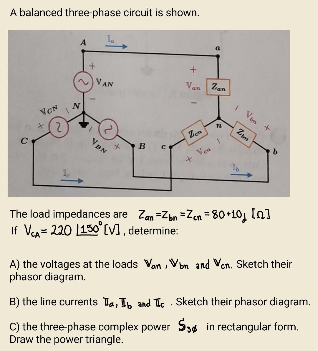 Solved A balanced three-phase circuit is shown. The load | Chegg.com