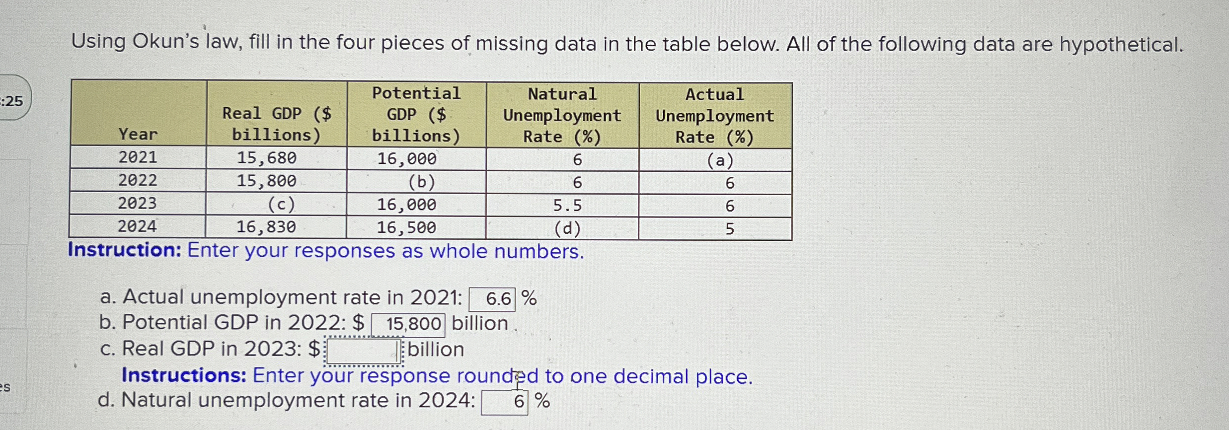 Solved Using Okun's law, fill in the four pieces of missing | Chegg.com