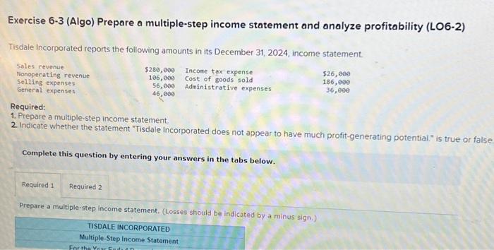 Solved Exercise 6-3 (Algo) Prepare a multiple-step income | Chegg.com
