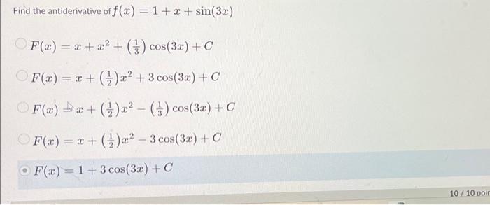 Solved Find the antiderivative of f(x) = 1 + x + sin(3x) | Chegg.com
