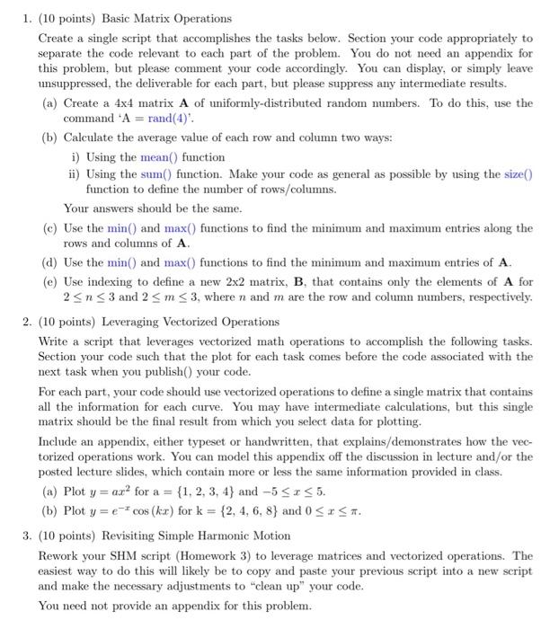 Solved 1. (10 points) Basic Matrix Operations Create a | Chegg.com