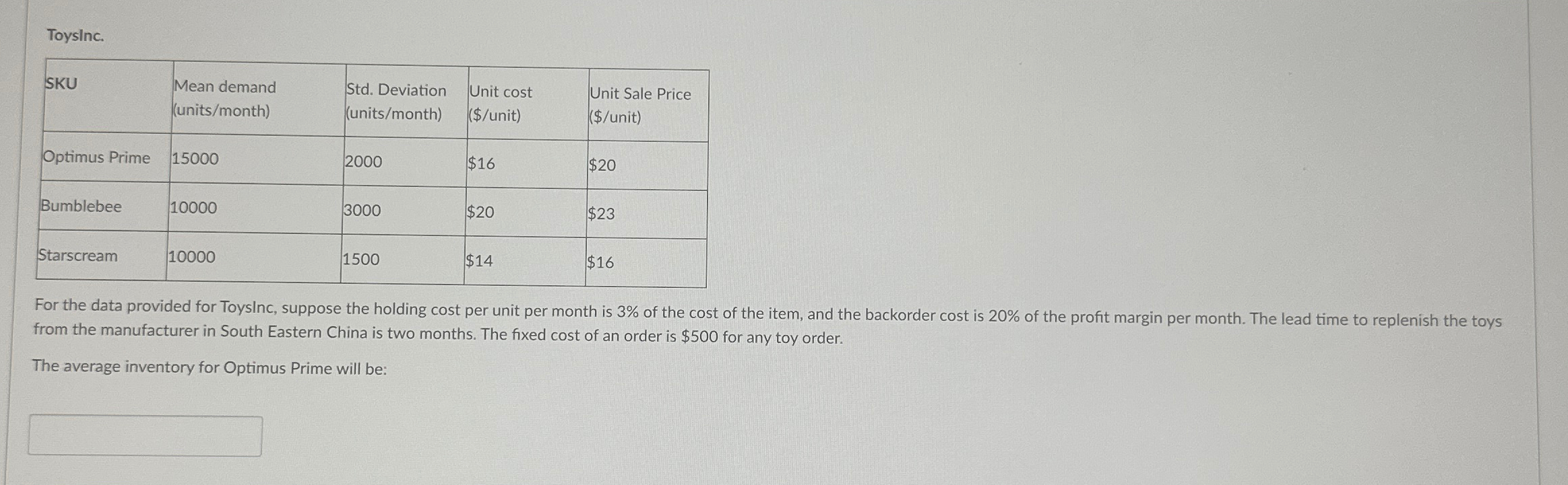 Solved Toysinc.\table[[SKU,\table[[Mean | Chegg.com