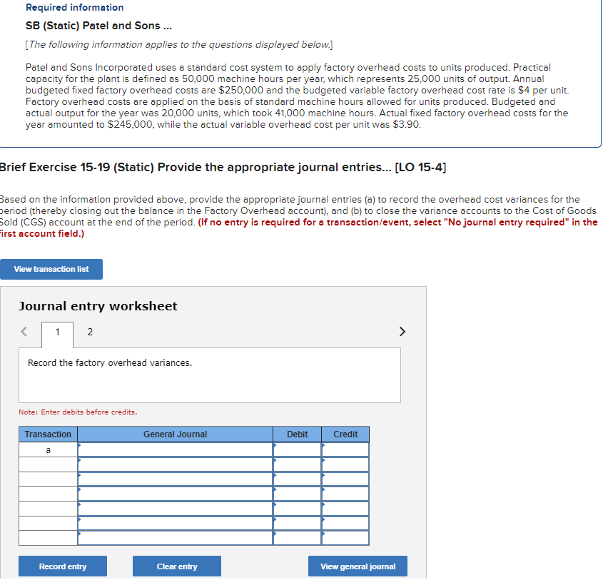 Solved Required informationSB (Static) ﻿Patel and Sons[The | Chegg.com