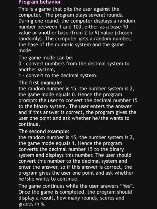 Solved Program behavior This is a game that pits the user | Chegg.com