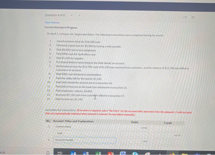 Solved Question 4 of 6 -/S View Policies Current Attempt in | Chegg.com
