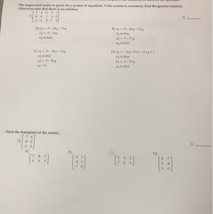 Solved The augmented matrix is given for a system of | Chegg.com