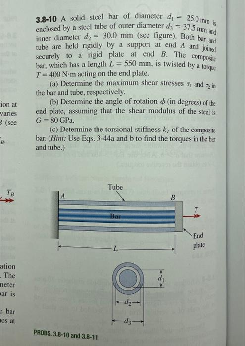 Solved 3.8-10 A solid steel bar of diameter d1=25.0 mm is | Chegg.com