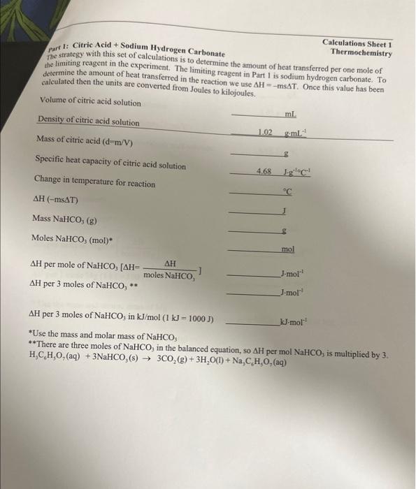 Solved Data Sheet Thermochemistry part 1: Citric Acid + | Chegg.com