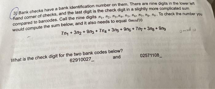 Solved 3) Bank checks have a bank identification number on | Chegg.com