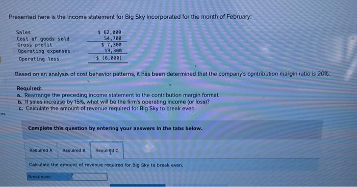 Solved Presented here is the income statement for Big Sky | Chegg.com