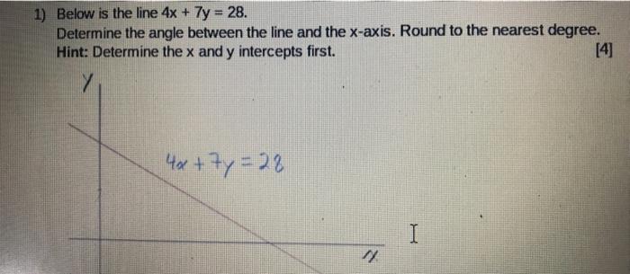 Solved 1) Below is the line 4x + 7y = 28. Determine the | Chegg.com