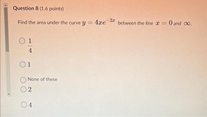 Solved Find the area under the curve y=4xe−2x between the | Chegg.com