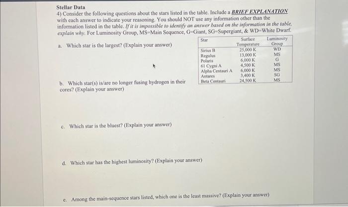 Solved Stellar Data 4) Consider the following questions | Chegg.com