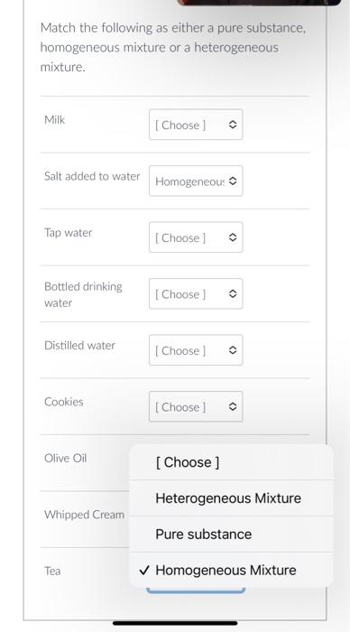 Solved Match the following as either a pure substance, | Chegg.com