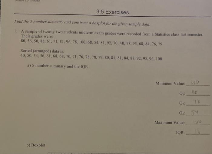 Solved Find The 5 Number Summary And Construct A Boxplot For