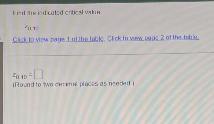 Solved Find the indicated critical value. z0.10 Click to | Chegg.com