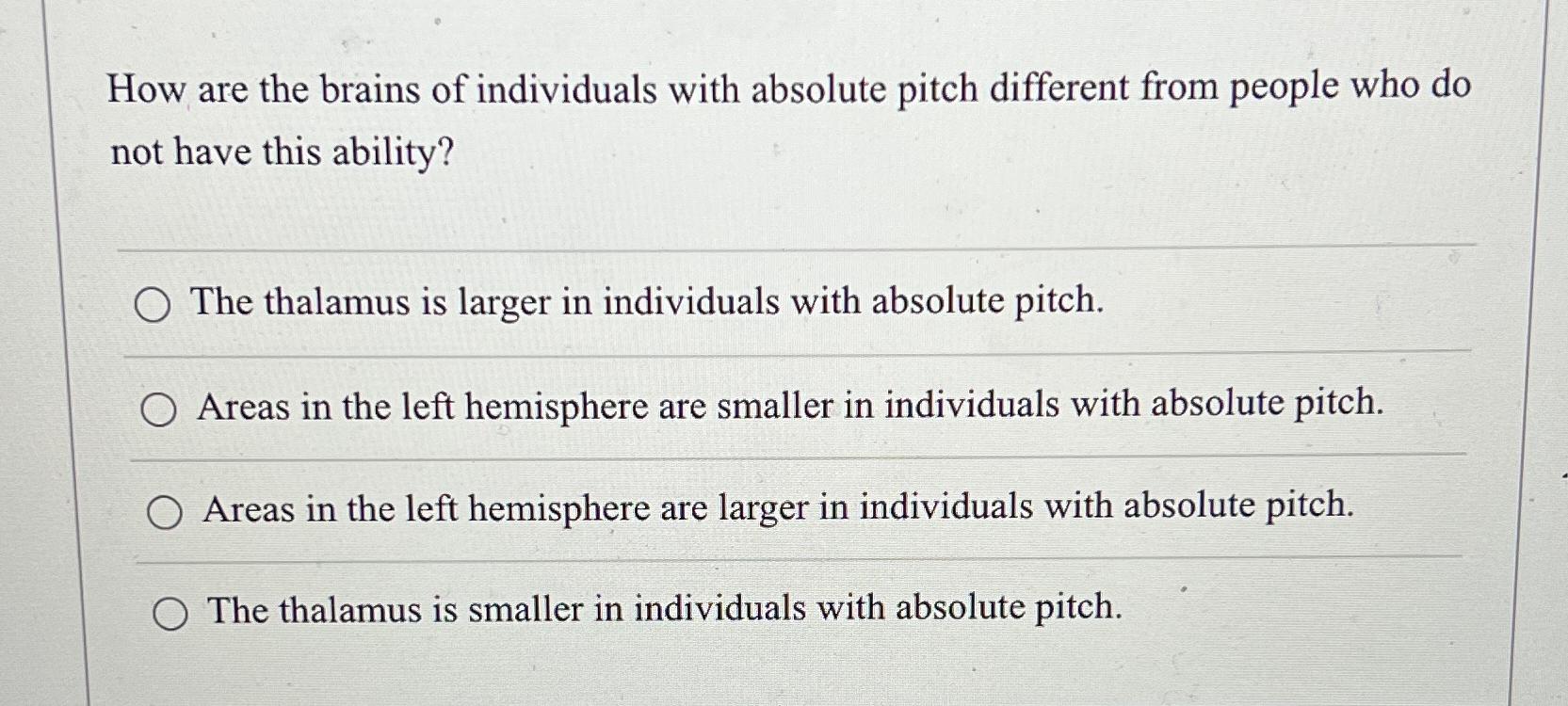 Solved How are the brains of individuals with absolute pitch | Chegg.com