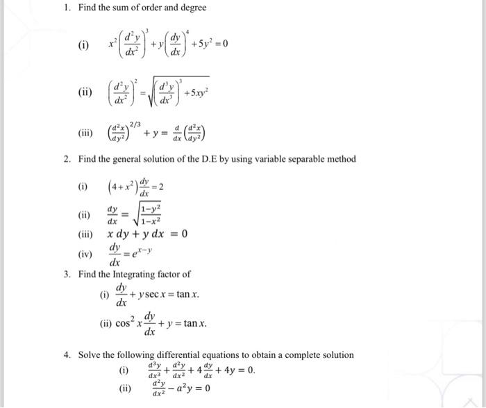 Solved 1. Find the sum of order and degree (i) | Chegg.com