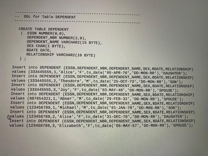 Implement the given DDL and DML scripts to implement | Chegg.com Implement the given DDL and DML scripts to implement | Chegg.com