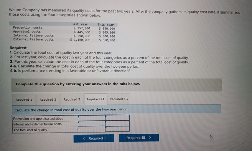 Solved Walton Company has measured its quality costs for the | Chegg.com Solved Walton Company has measured its quality costs for the | Chegg.com