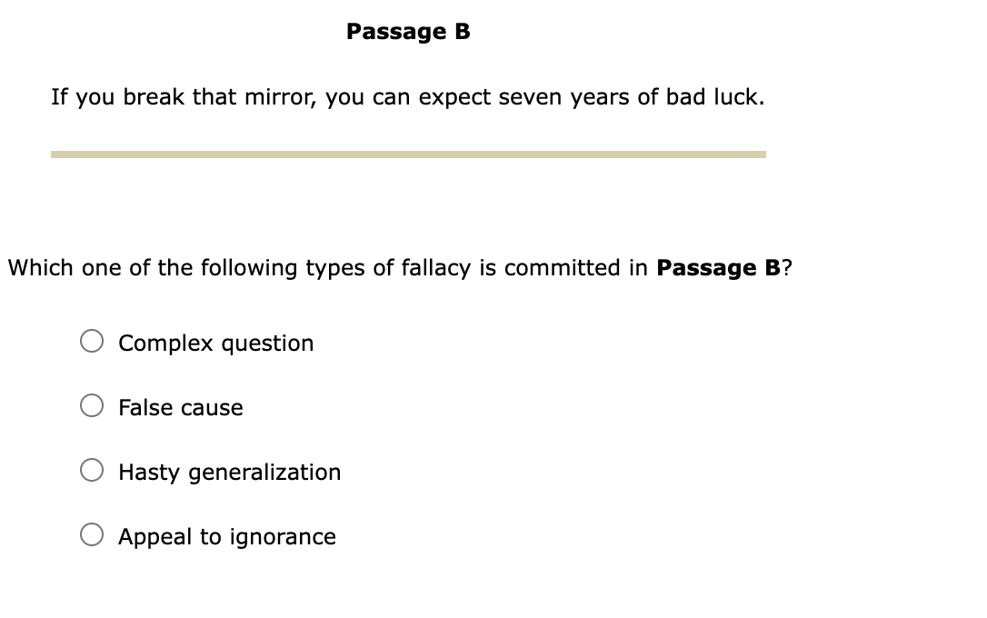 Solved Passage BIf you break that mirror, you can expect | Chegg.com