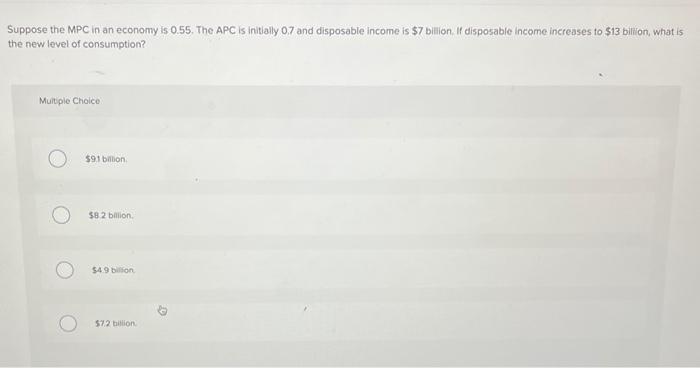 Solved Suppose the MPC in an economy is 0.55. The APC is | Chegg.com