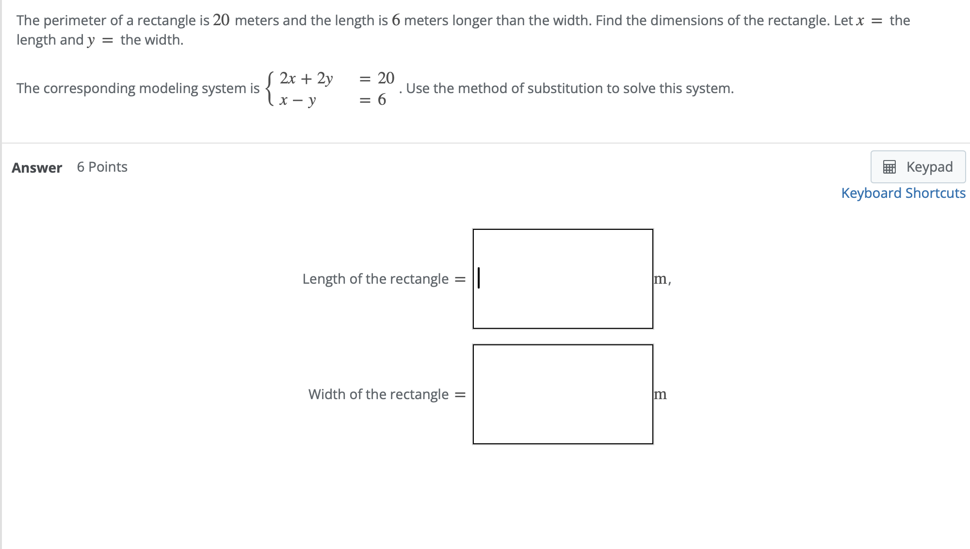 Solved The perimeter of a rectangle is 20 ﻿meters and the | Chegg.com