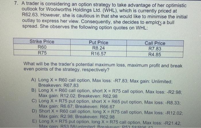 Solved 7. A trader is considering an option strategy to take | Chegg.com