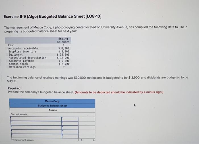 Solved Exercise 8-9 (Algo) Budgeted Balance Sheet [LO8-10] | Chegg.com