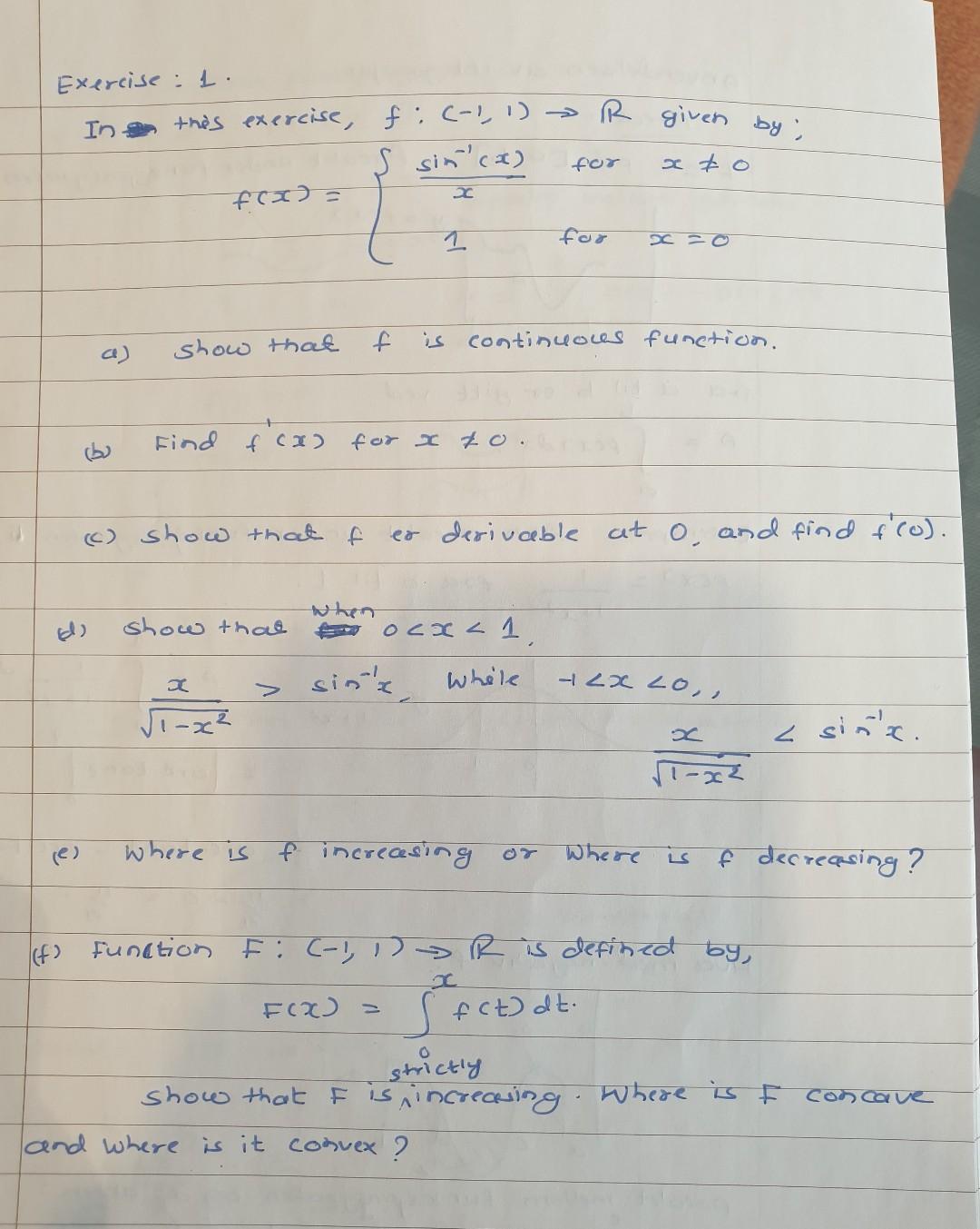 Solved f(x)={xsin−1(x)1 for x =0 for x=0 a) Show that f is | Chegg.com