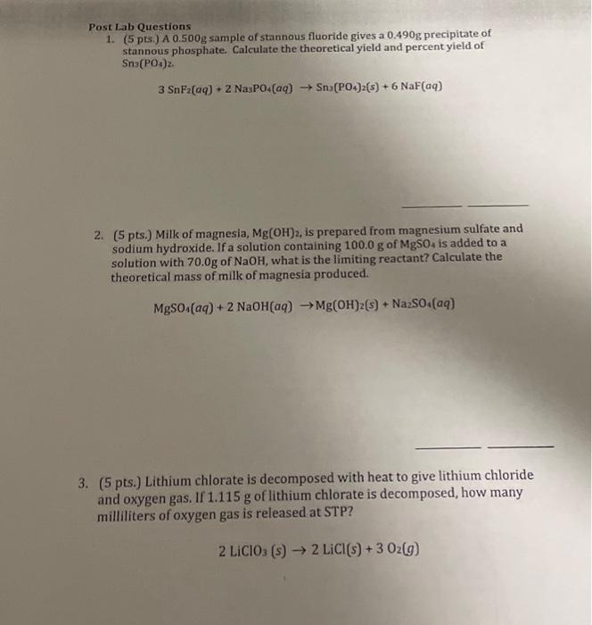 Solved Post Lab Questions 1. (5 pts.) A 0.500g sample of | Chegg.com