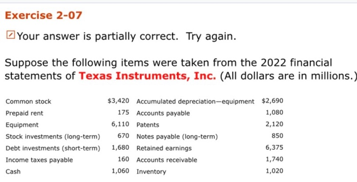 Solved Exercise 2-07 Your answer is partially correct. Try | Chegg.com