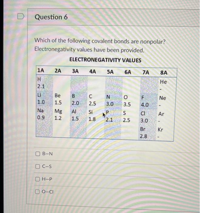 Solved Which of the following covalent bonds are nonpolar? | Chegg.com