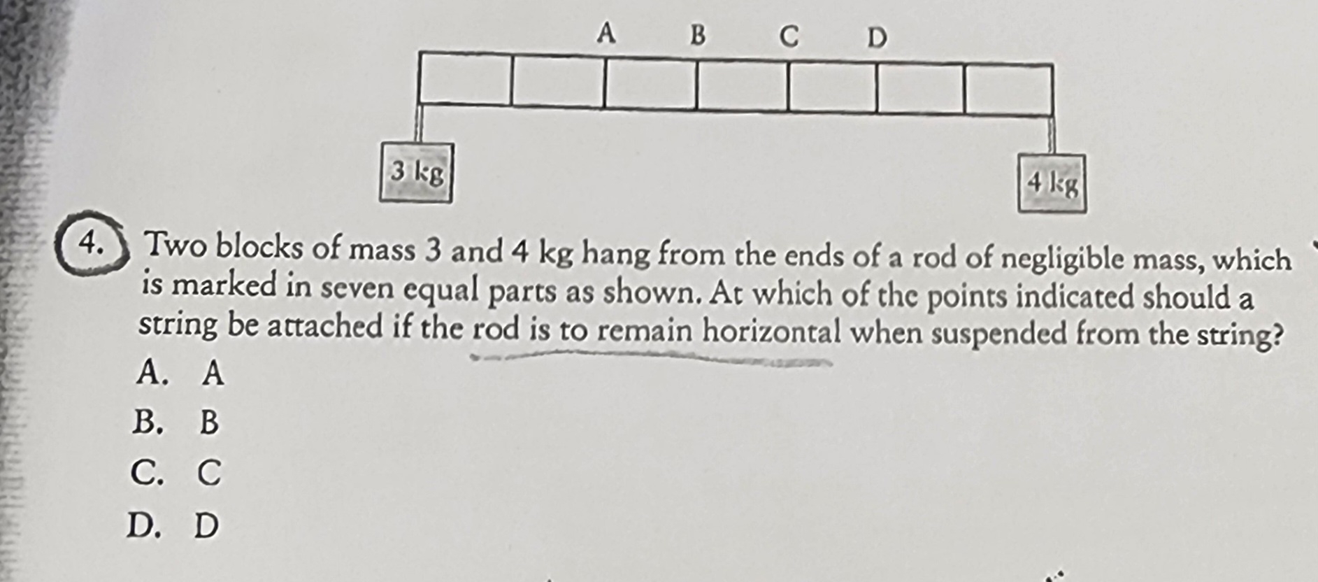 Solved 4.Two blocks of mass 3 ﻿and 4kg ﻿hang from the ends | Chegg.com