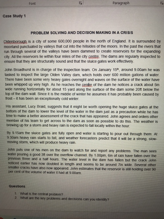 Solved Font Paragraph Case Study 1 PROBLEM SOLVING AND | Chegg.com