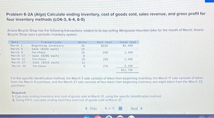 Solved Problem 6-2A (Algo) Calculate ending inventory, cost | Chegg.com