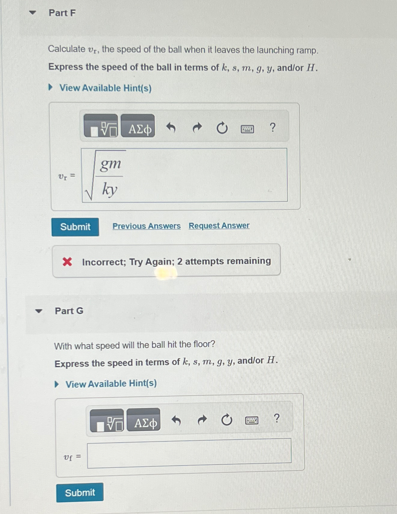 Solved Part F Calculate v_(r), the speed of the ball when it | Chegg.com