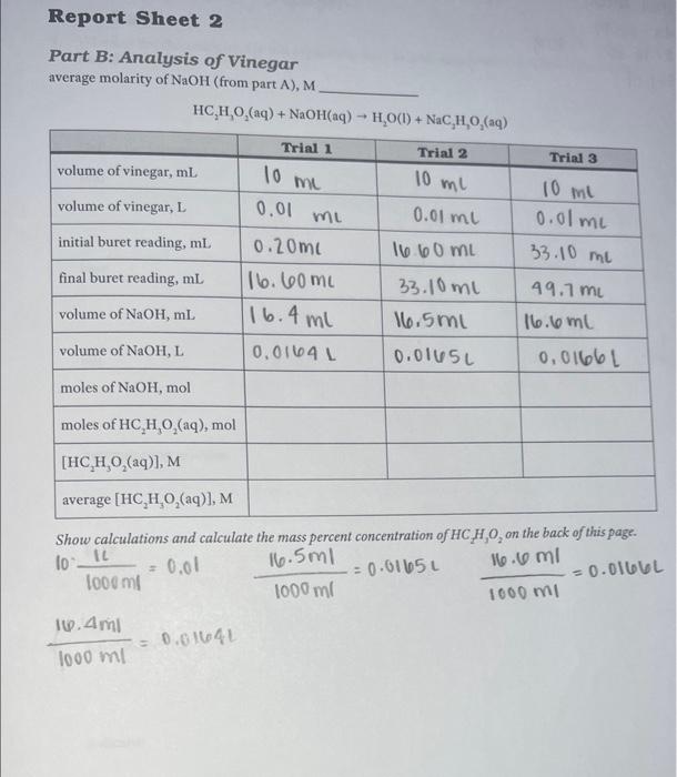 Solved Part B: Analysis of Vinegar average molarity of NaOH | Chegg.com