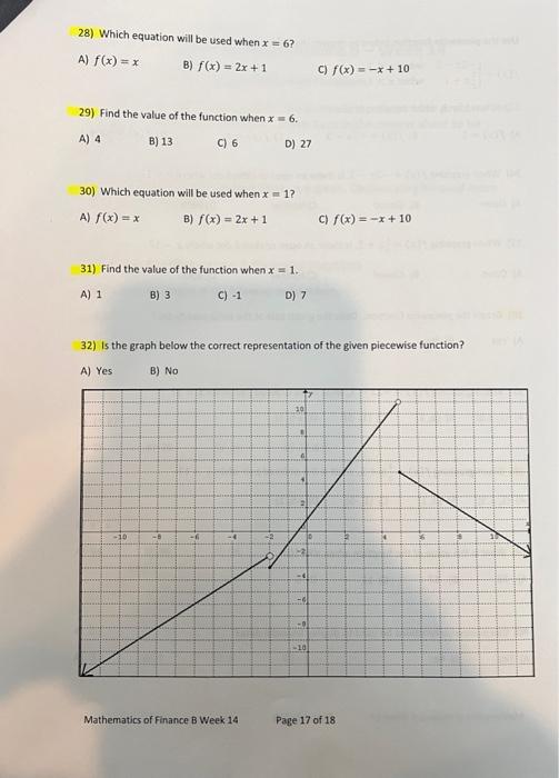 Solved For the following piecewise function choose the | Chegg.com