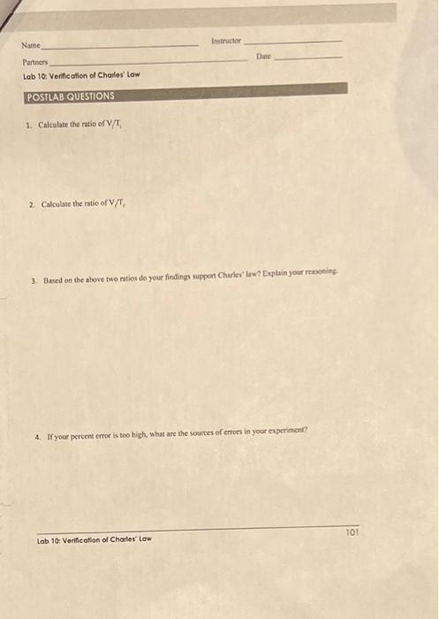 Solved 10. LAB Verification of Charles' Law OBJECTIVES In | Chegg.com