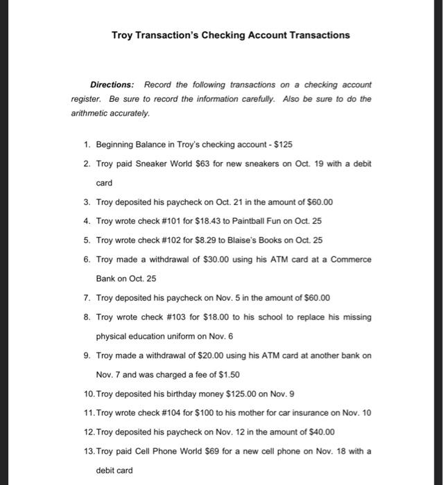 Solved Troy Transaction's Checking Account Transactions | Chegg.com