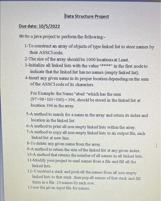 Solved Data Structure Project Due date: 10/5/2022 Write a | Chegg.com