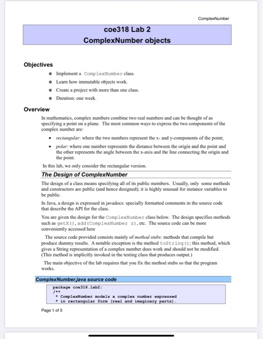 Solved Complexnumber Coe318 Lab 2 Complexnumber Objects