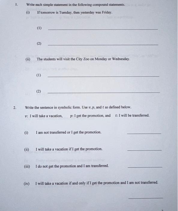 Solved 1. Write each simple statement in the following | Chegg.com