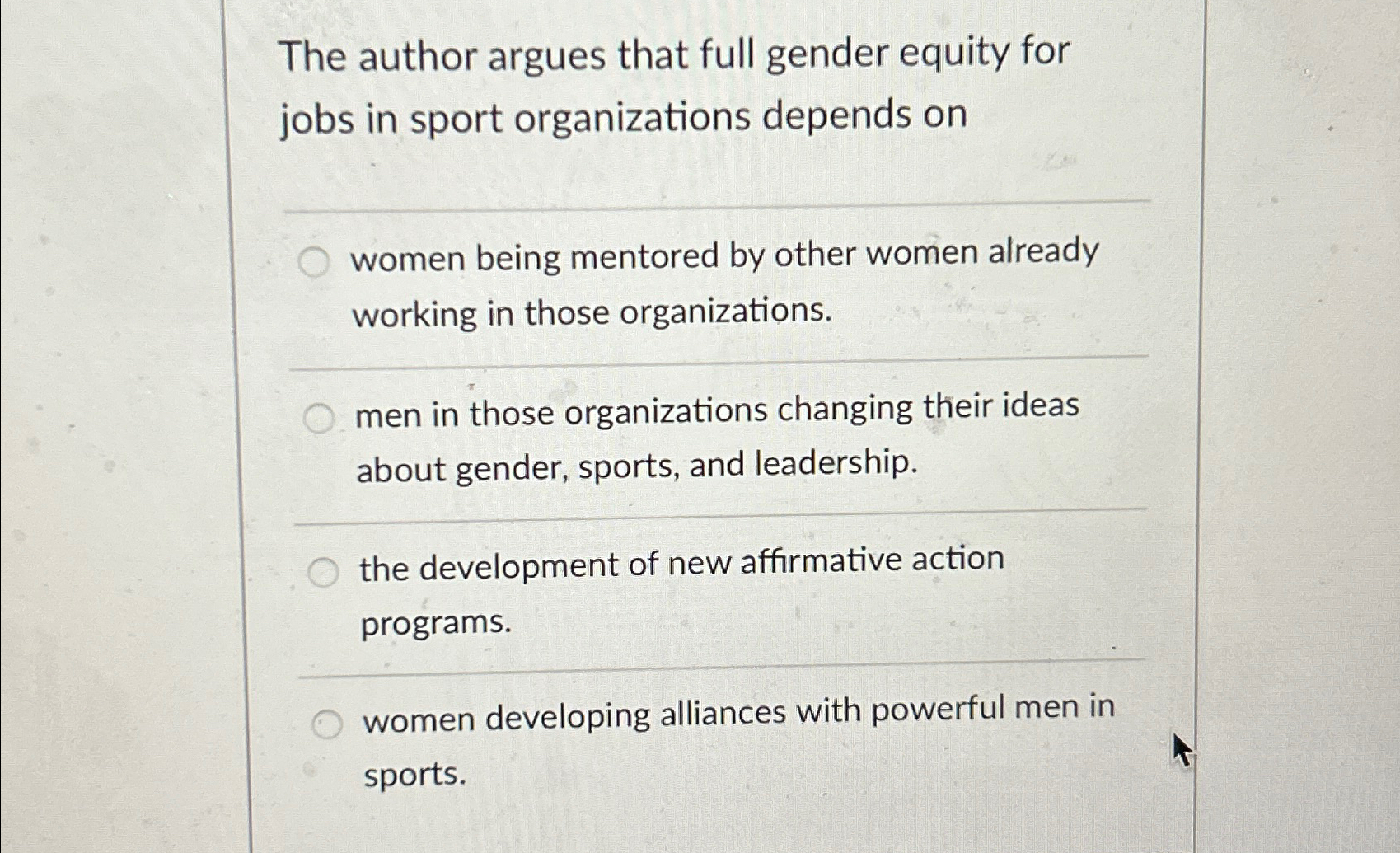 Solved The author argues that full gender equity for jobs in | Chegg.com