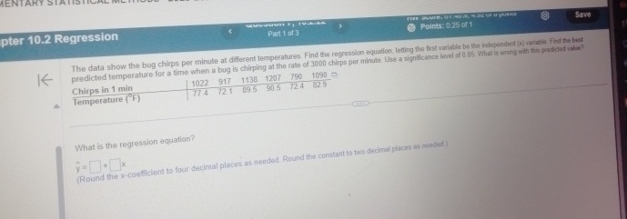 Solved pter 10.2 ﻿RegressionSavePart 1 ﻿of 3Points: 0.25 ﻿of | Chegg.com