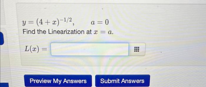 Solved y=(4+x)−1/2,a=0 Find the Linearization at x=a. | Chegg.com