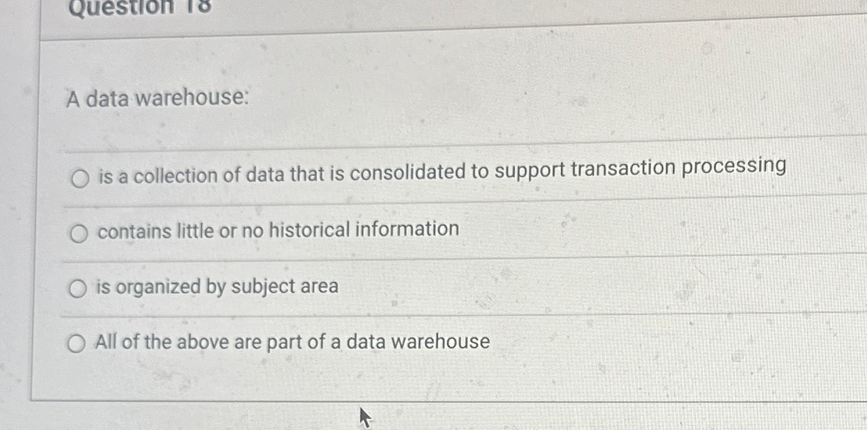Solved A data warehouse:is a collection of data that is | Chegg.com