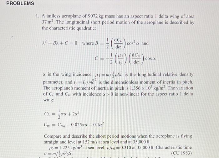 Solved A tailless aeroplane of 9072 kg mass has an aspect | Chegg.com