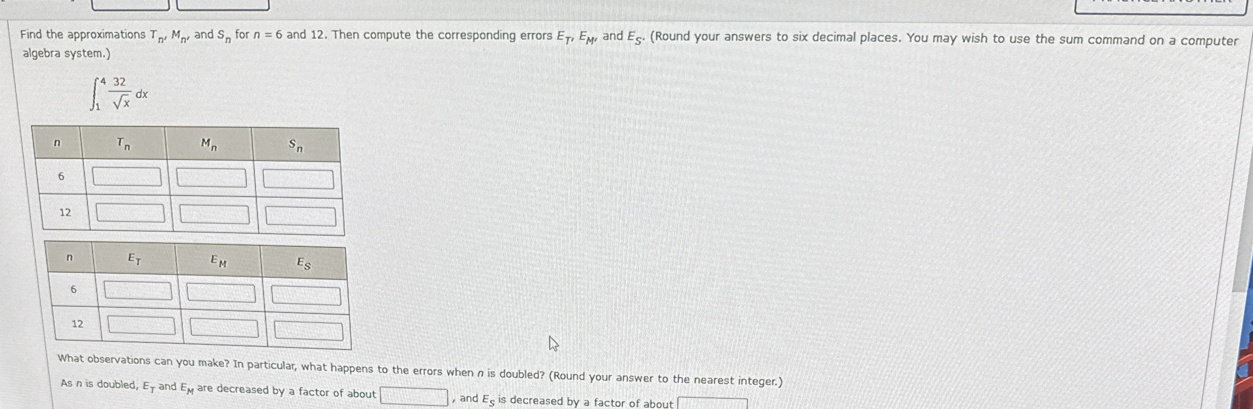 Solved Find the approximations Tn'Mn' ﻿and Sn ﻿for n=6 ﻿and | Chegg.com
